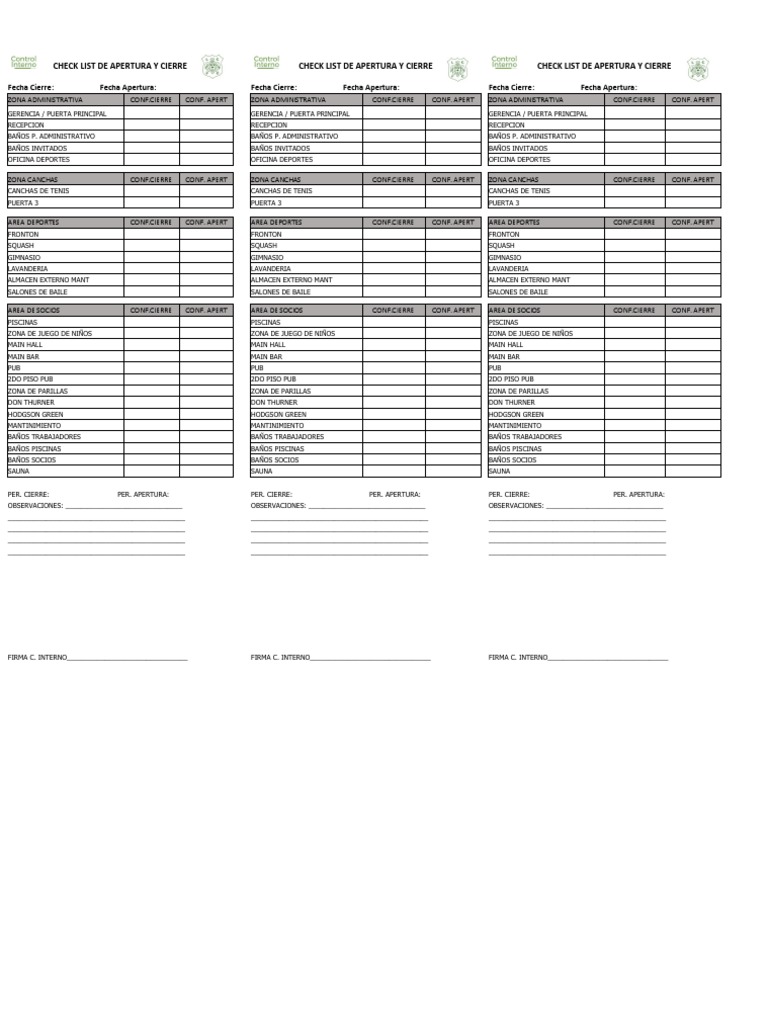 Check List Apertura Y Cierre Pdf