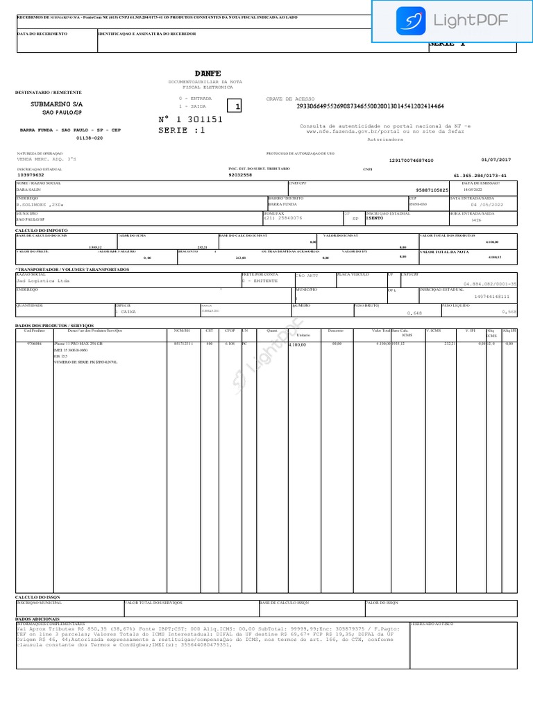 Nota Fiscal Dara Salin-Editável - 1 | PDF | Recibo | Comunicação escrita