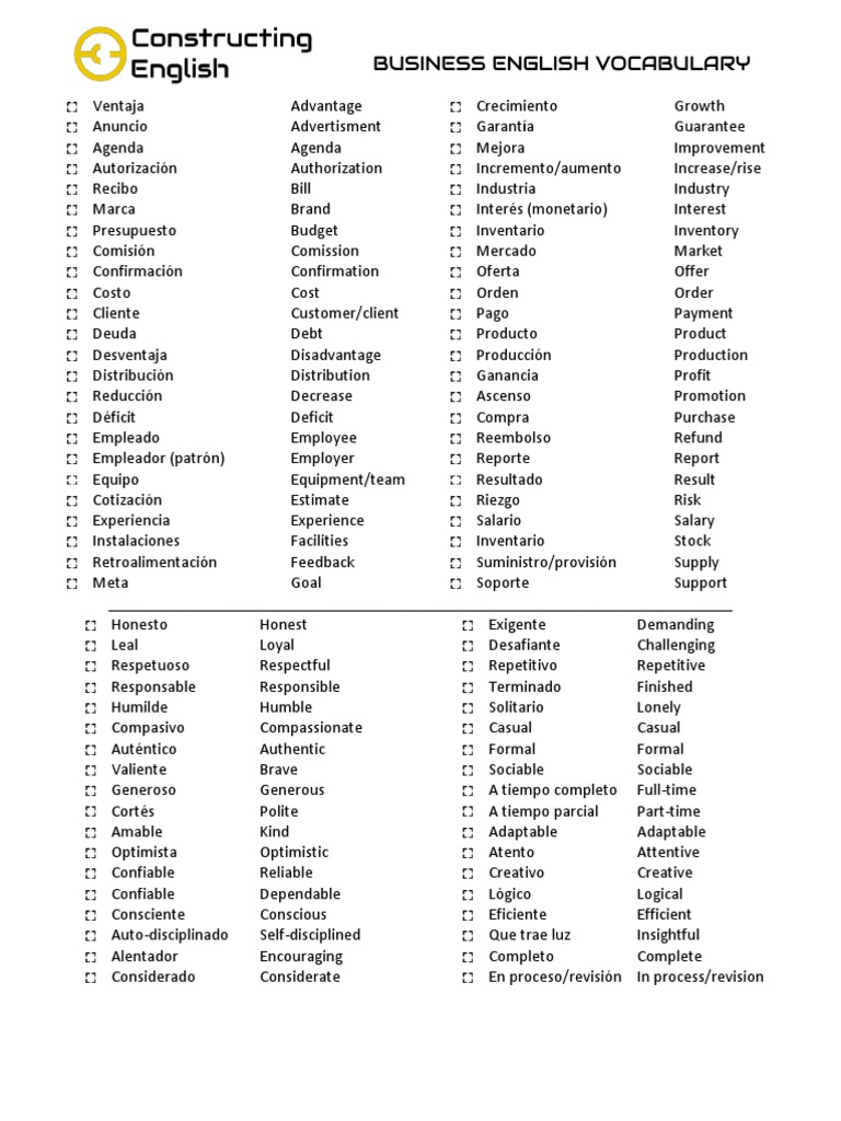 Business English Vocabulary Nouns Adjectives | PDF