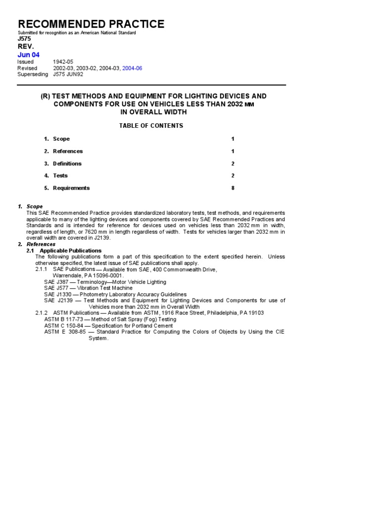 SAE J575 Jun04 | PDF | Incandescent Light Bulb | Headlamp