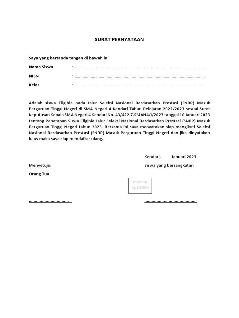 Surat Pernyataan Siswa Eligible SNBP | PDF