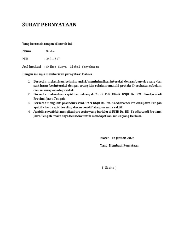 Surat Pernyataan Bersedia Mematuhi Aturan | PDF