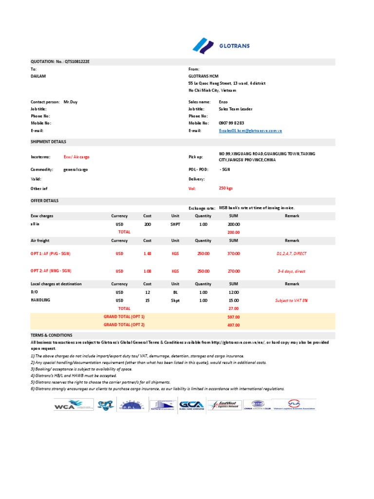 QTS - Dailam Exw China-Sgn 250 KGS | PDF | Cargo | Economies