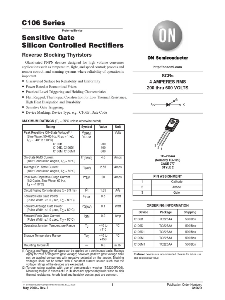 C106 Series Sensitive Gate Silicon Controlled Rectifiers: Reverse Blocking Thyristors | PDF ...