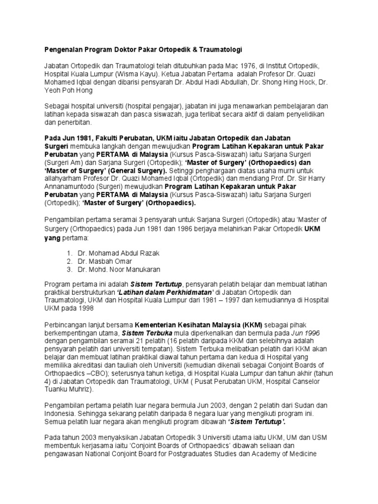 Pengenalan Program Doktor Pakar Ortopedik | PDF