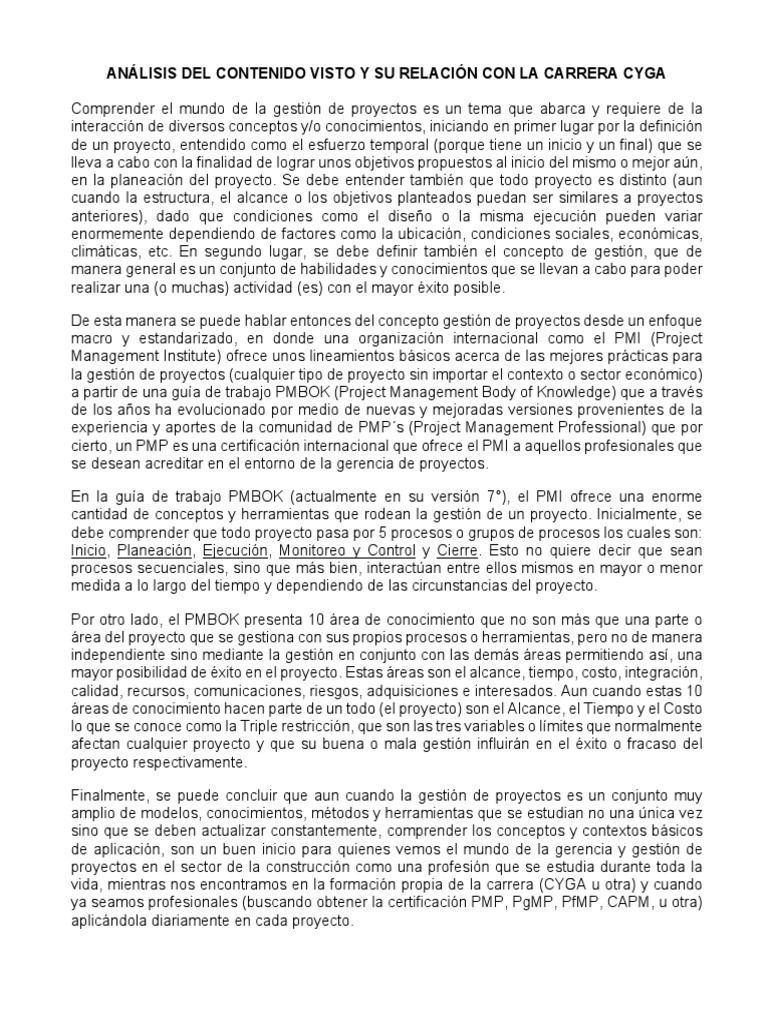 Análisis Del Contenido Visto y Su Relación Con La Carrera Cyga | PDF | Gestión de proyectos ...