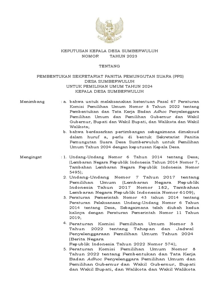 SK Sekretariat PPS PEMILU 2024 Desa Sumberwuluh | PDF