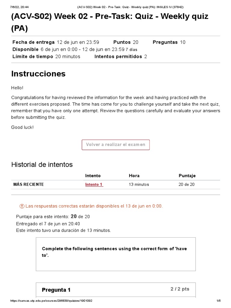(ACV-S02) Week 02 - Pre-Task - Quiz - Weekly Quiz (PA) - INGLES IV (37842) | PDF | Grammar ...