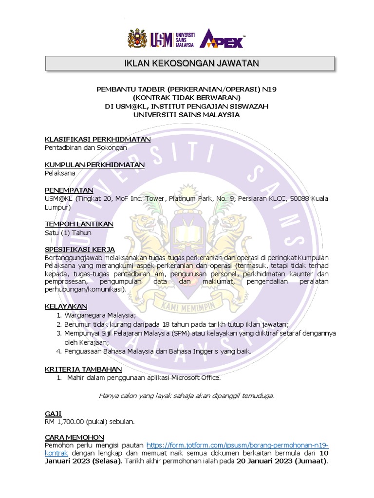 Iklan Pembantu Tadbir (Pekeranian Operasi) N19 (Kontrak) USM@KL - Final ...