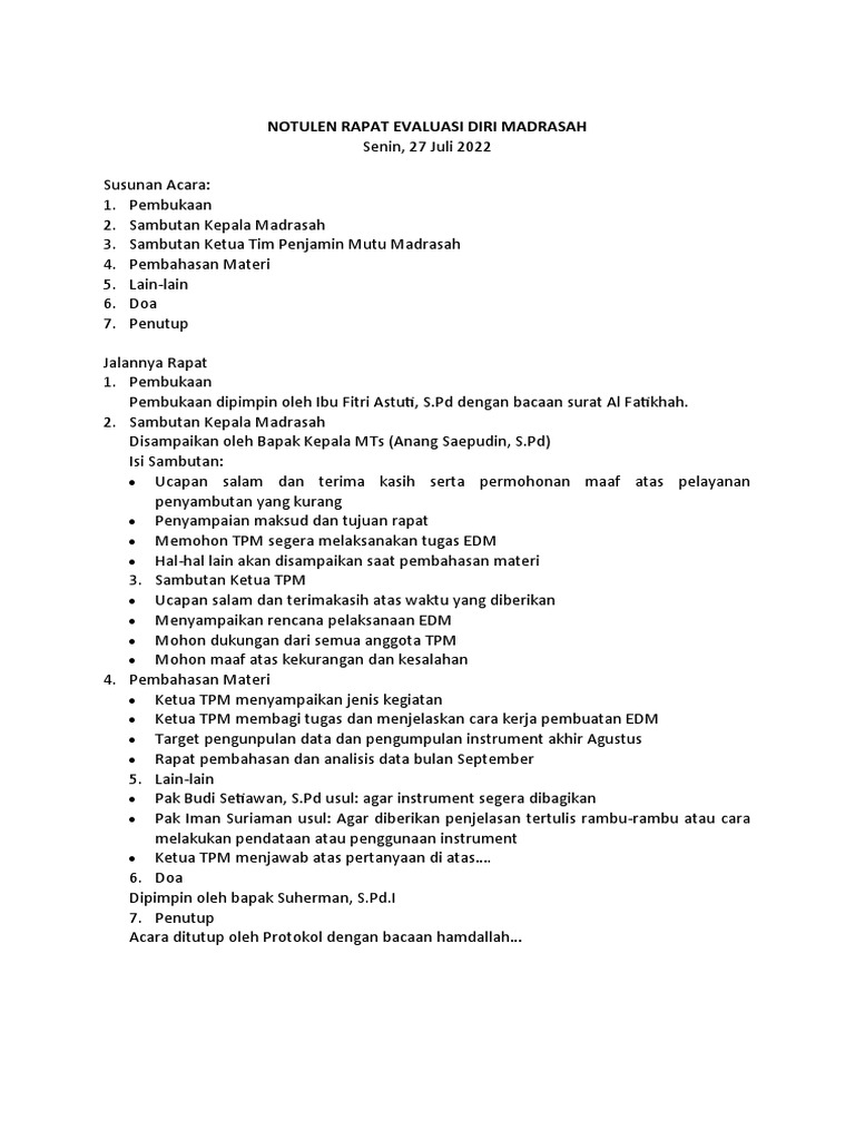 Notulen Rapat Evaluasi Diri Madrasah | PDF