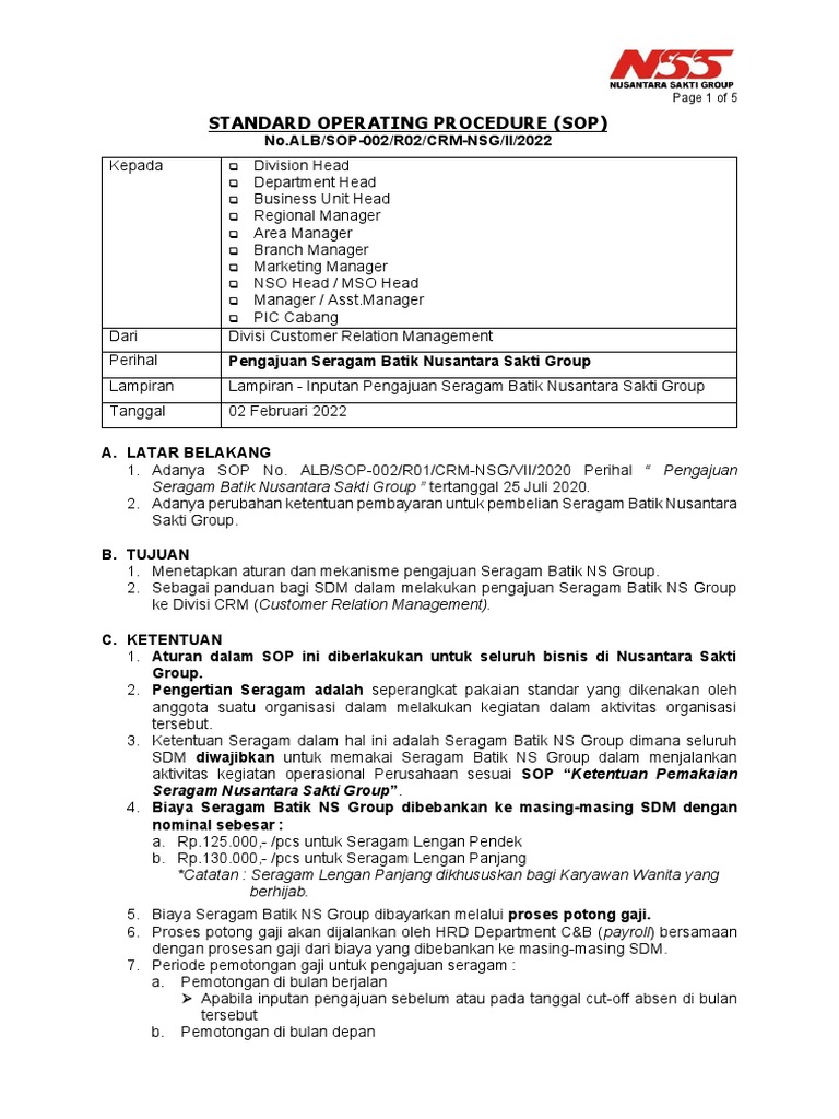 SOP Pengajuan Seragam Batik NS Group R2 SOP-002 R02 CRM NSG 020222 | PDF