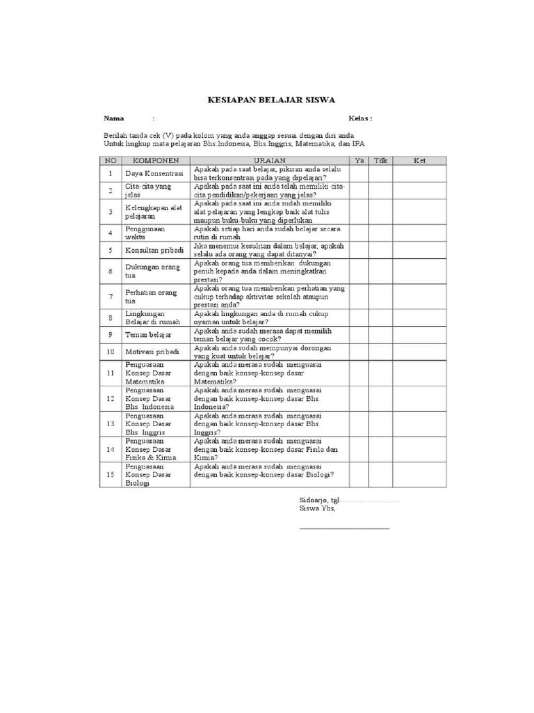 Angket Kesiapan Belajar Siswa | PDF