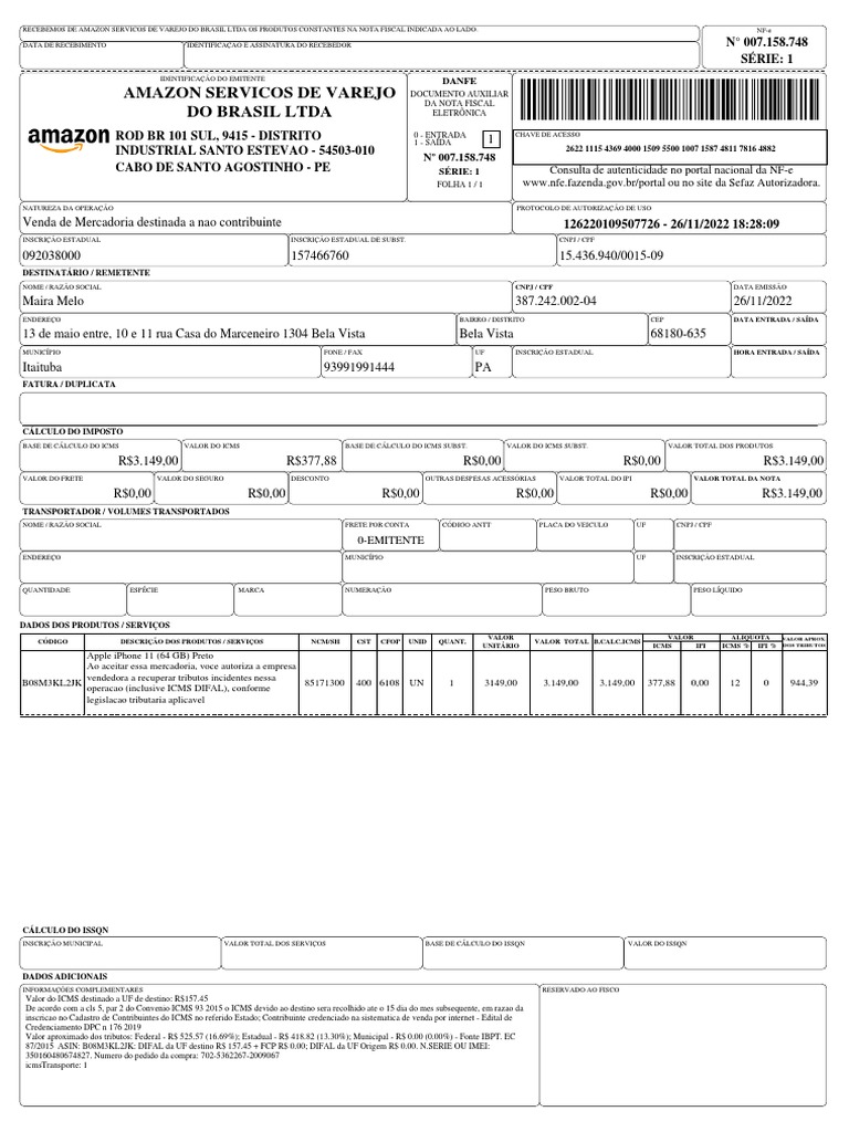 DANFE | PDF | Recibo | Business