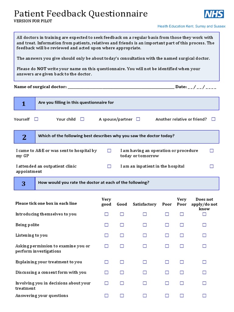 Patient Feedback Questionnaire for Doctors | PDF | Patient | Health ...