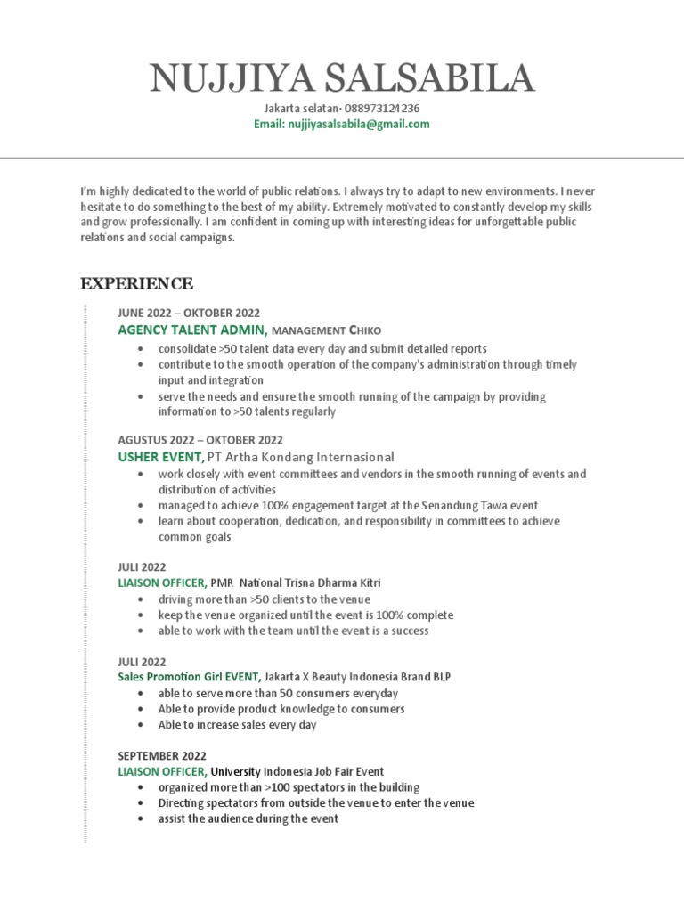 Nujjiya Salsabila CV 2023 | PDF | Business | Communication
