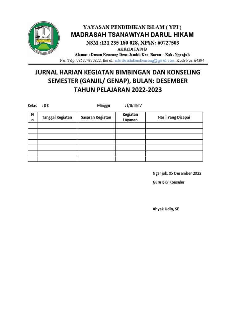 Jurnal Harian Guru BK (OK) | PDF