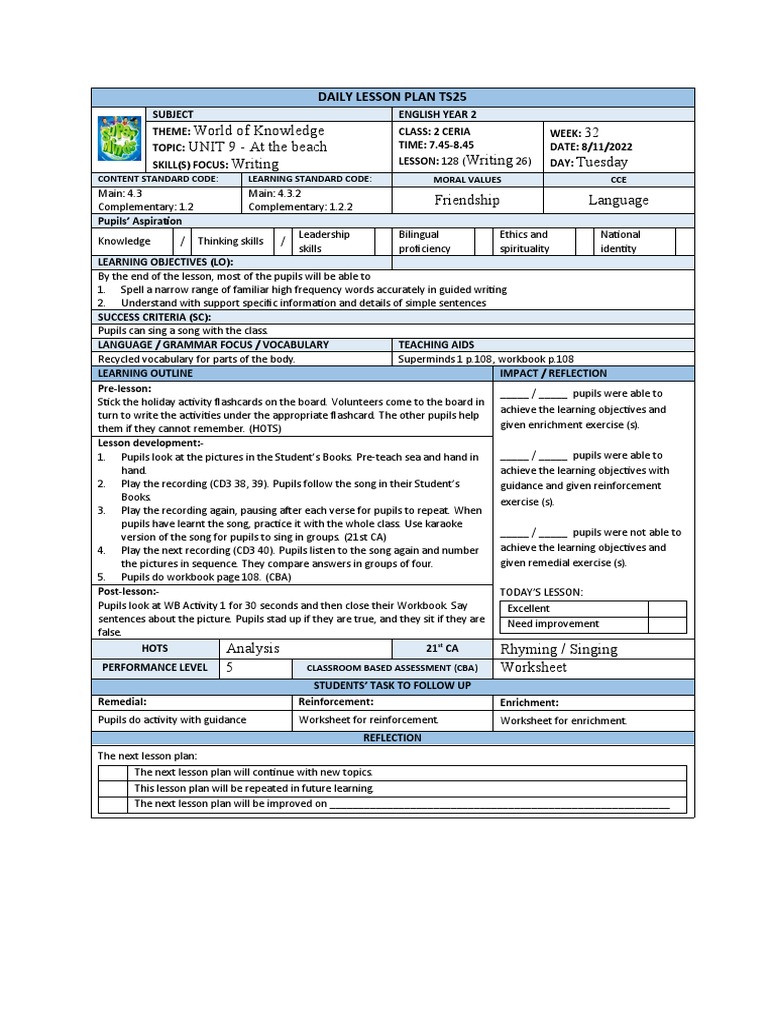Daily Lesson Plan TS25 | PDF | Lesson Plan | Vocabulary