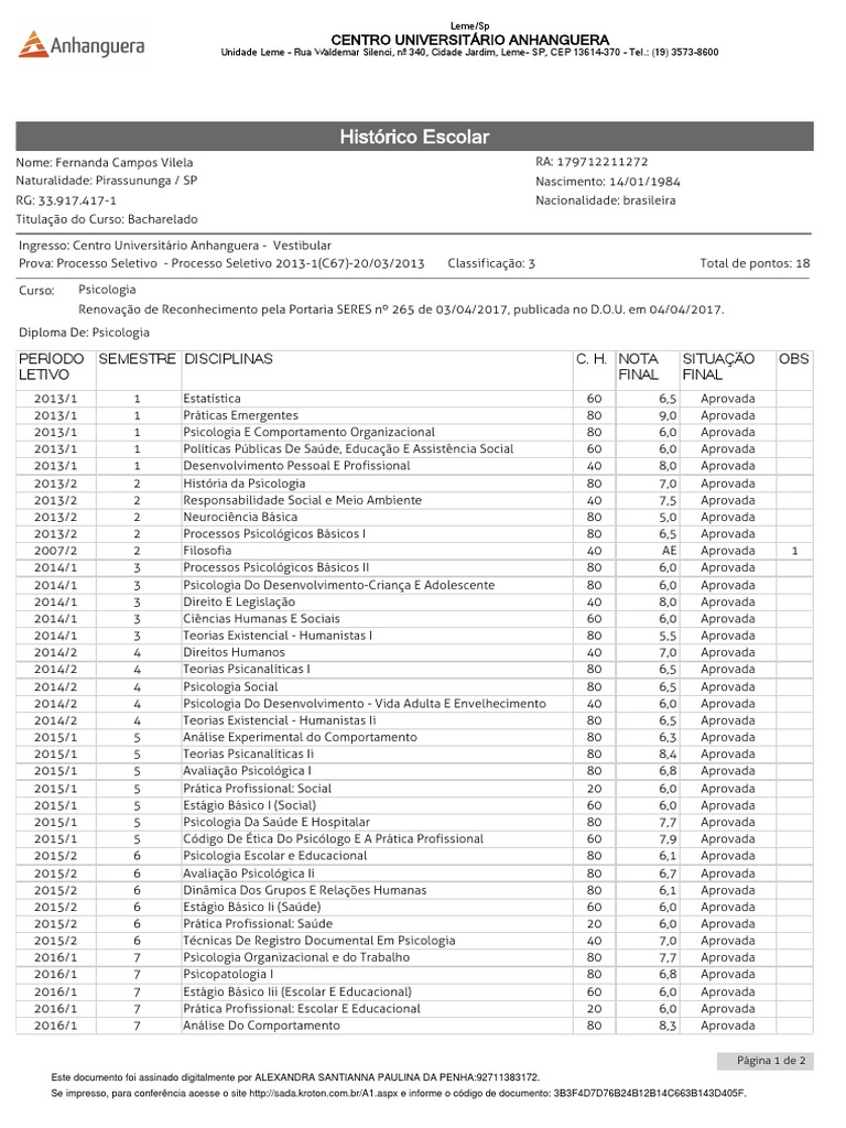 Histórico Escolar - Fernanda Vilela | PDF | Psicologia | Ciências comportamentais
