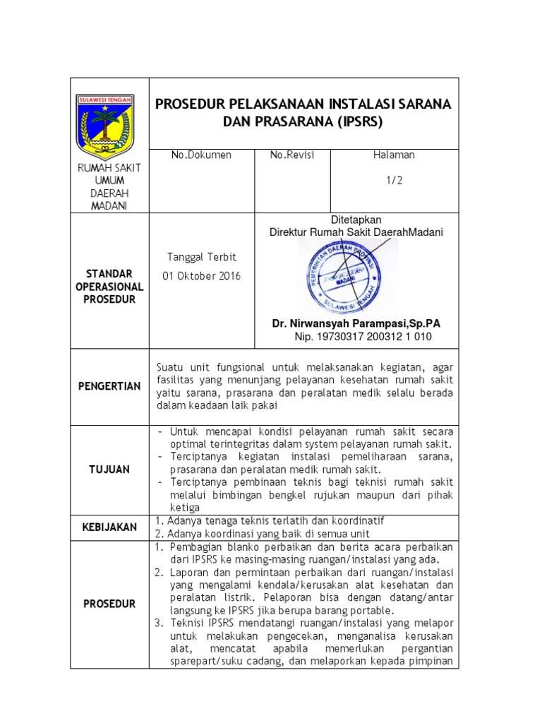 Prosedur IPSRS Rumah Sakit Madani | PDF