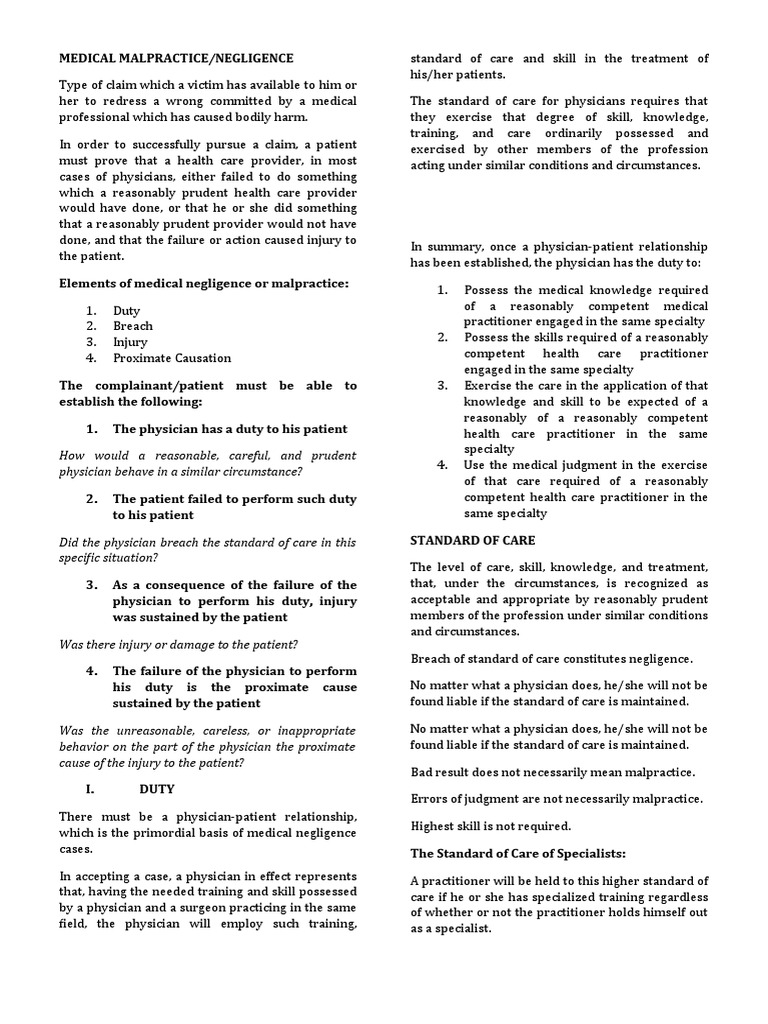 Medical Malpractice Claims | PDF | Standard Of Care | Negligence
