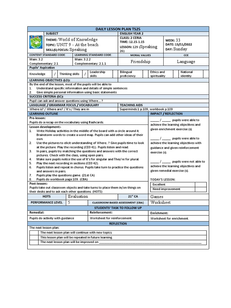 Daily Lesson Plan Ts25 | PDF | Lesson Plan | Vocabulary
