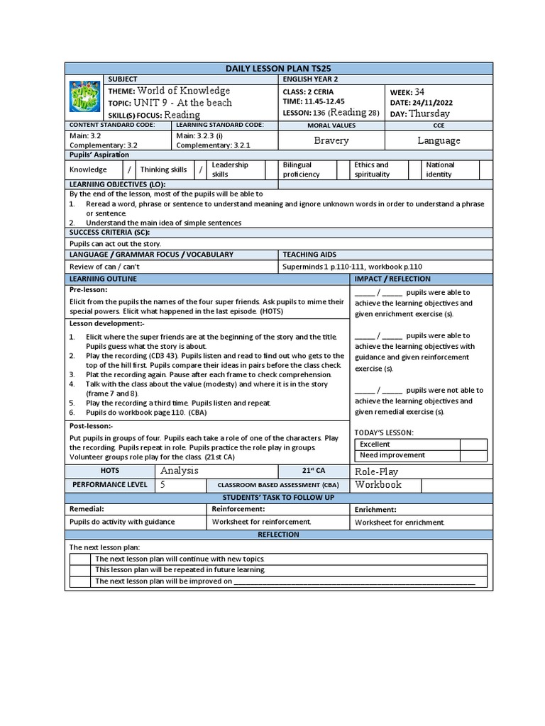 Daily Lesson Plan Ts25 | PDF | Lesson Plan | Worksheet