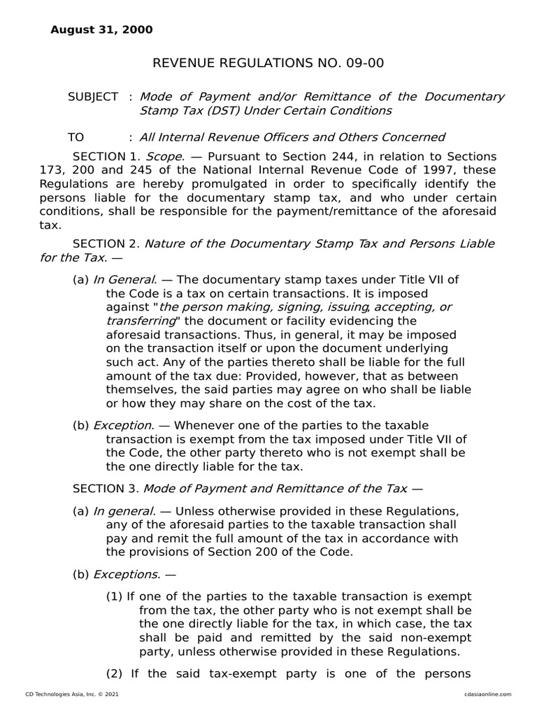 LB RR No. 09-00 Manner of Payment or Remittance of DST | PDF | Taxes ...
