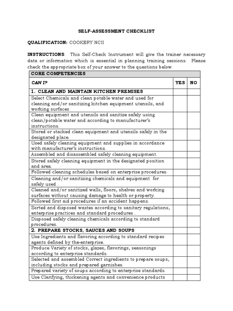 Cookery NC II Self-Assessment Checklist | PDF | Cooking | Vegetables