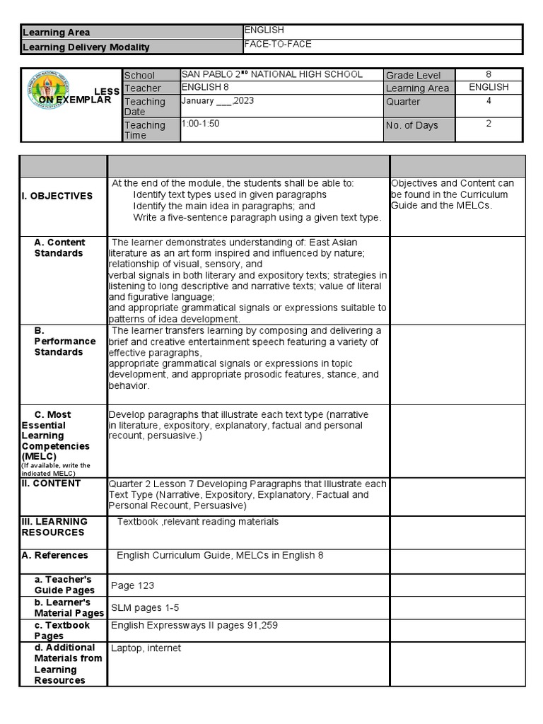 Idea Exemplar English 8 Co 1 | PDF | Learning | Narrative