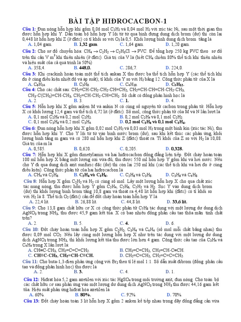 DA BÀI TẬP HIDROCACBON. | PDF