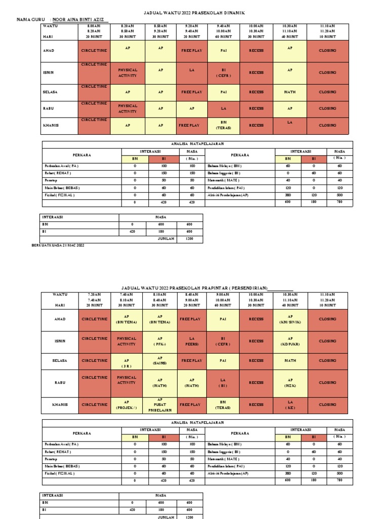 Jadual Waktu Bil 1 Tahun (2022) | PDF