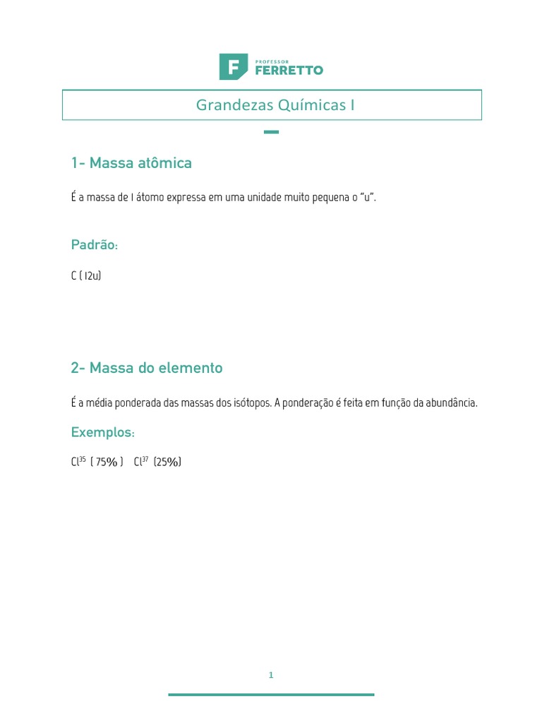 Grandezas Qu micas I 1 Massa At mica PDF