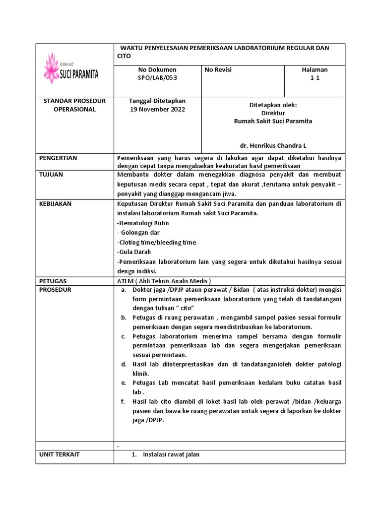 Spo Waktu Penyelesaian Pemeriksaan Laboratoriium Regular Dan Cito | PDF