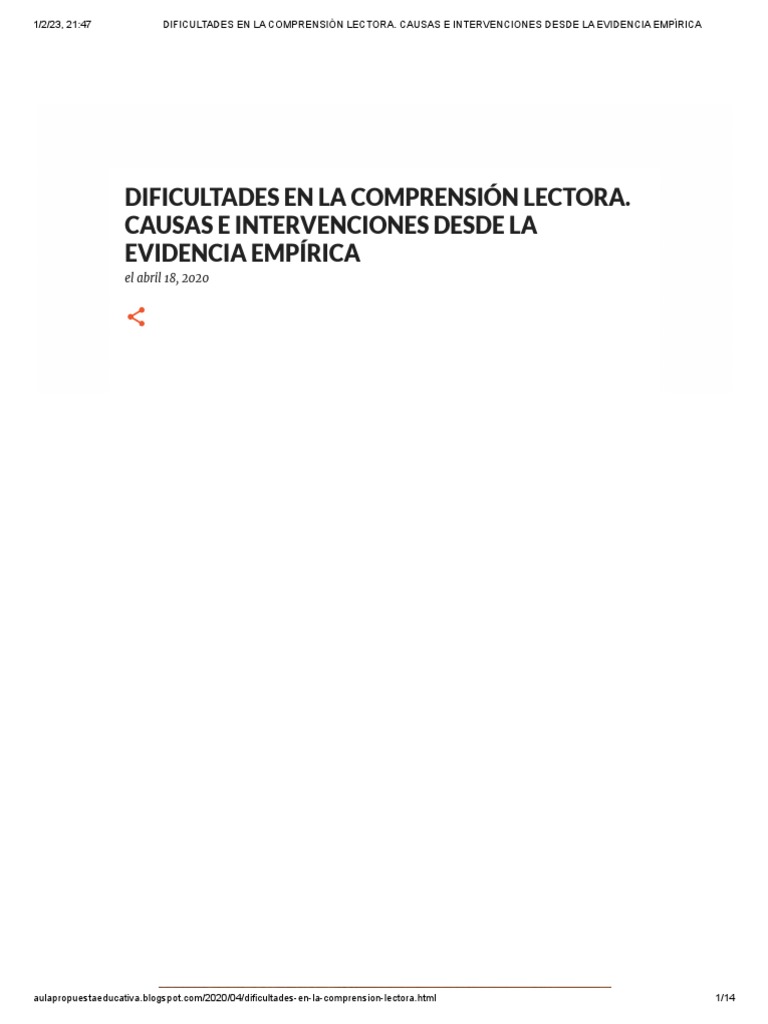 Dificultades en La Comprensión Lectora. Causas e Intervenciones Desde ...