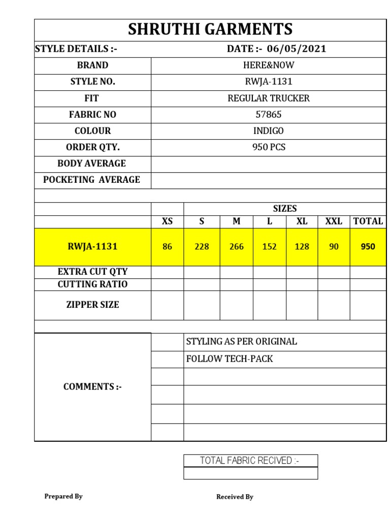 Job Card for Shruthi Garments Production | PDF