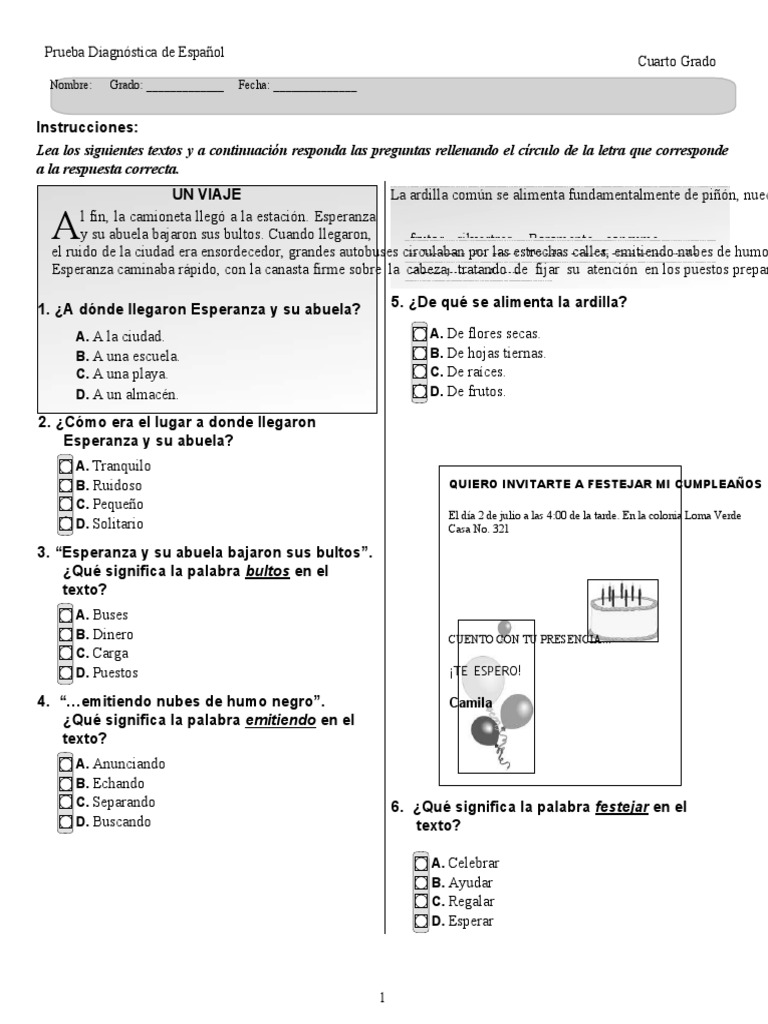 Prueba Diagnóstica de Español 4° Grado | PDF