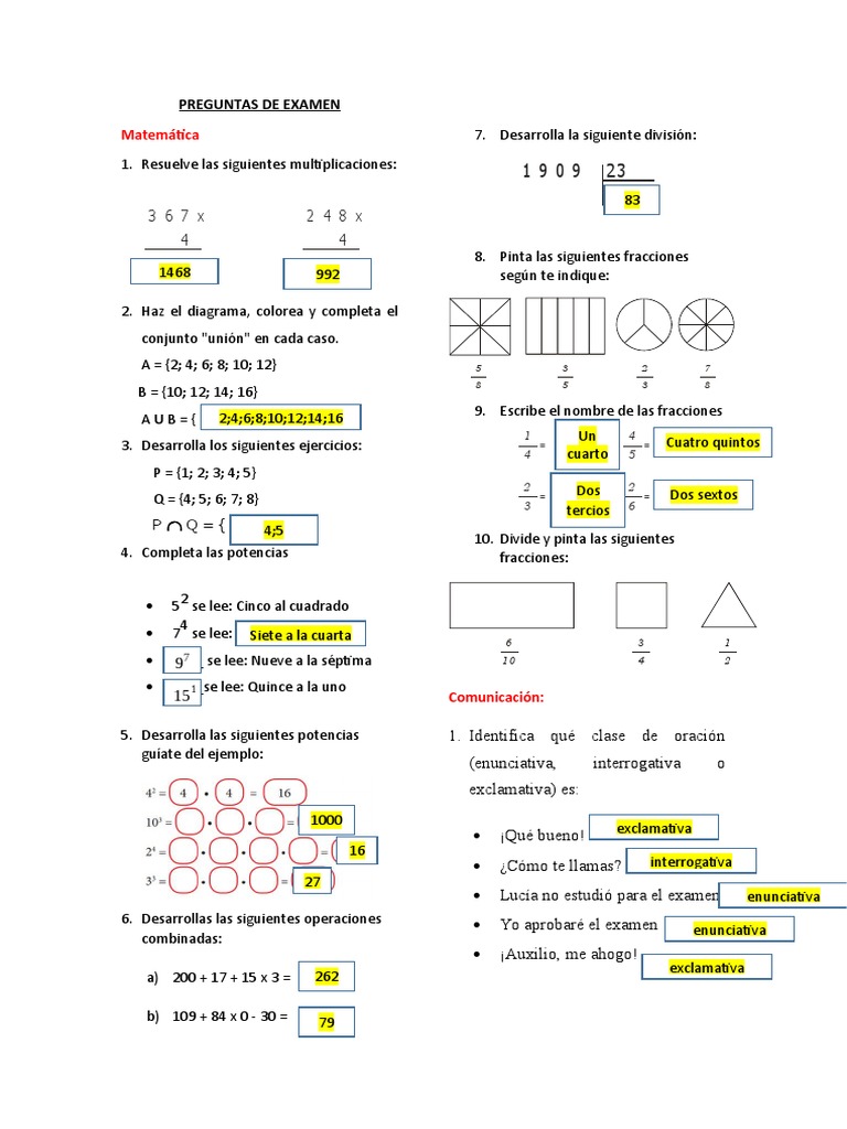 Preguntas de Examen para Tercero de Primaria (Matematica y Comunicación) | PDF