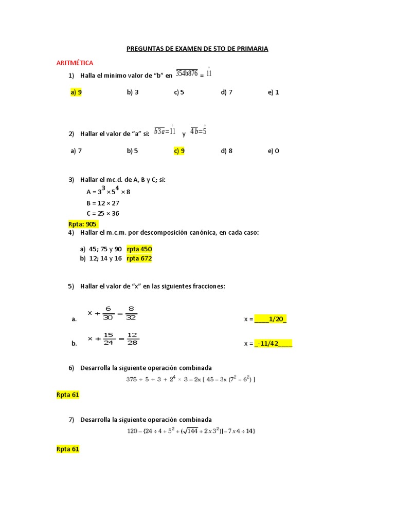 Preguntas de Examen de 5to de Primaria | PDF