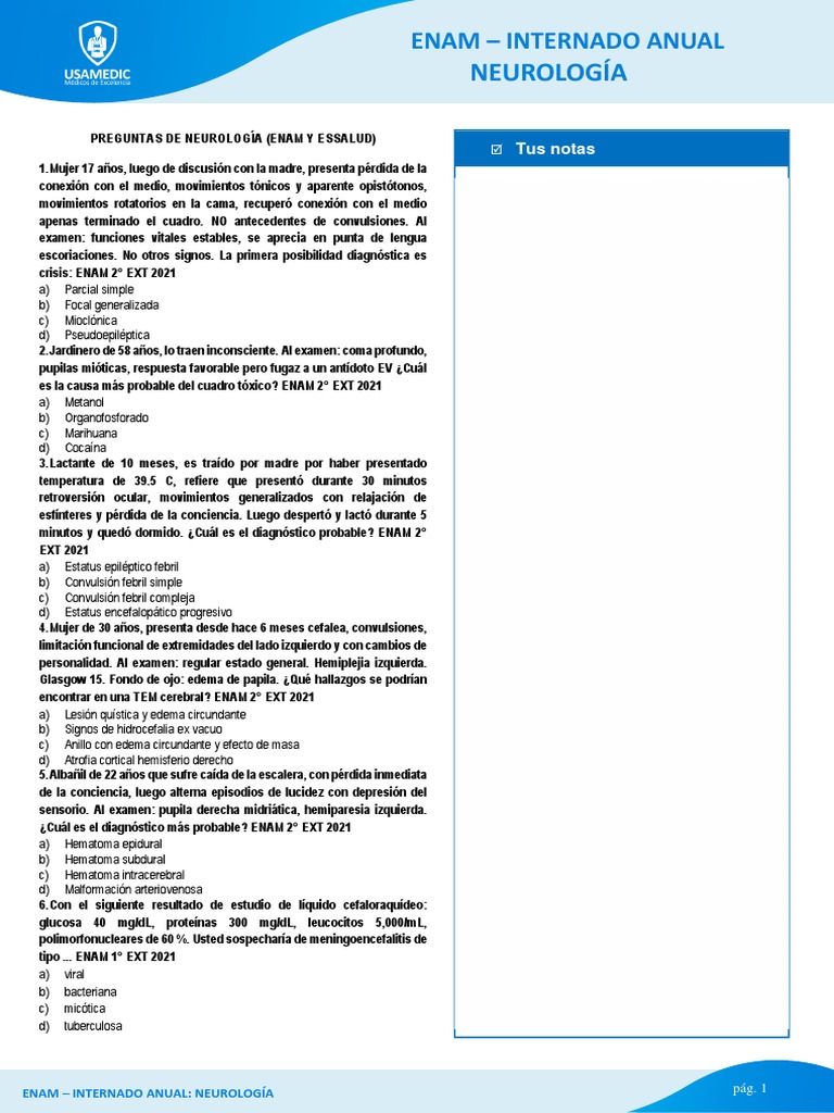BANQUEO_DE_NEUROLOGIA_ENAM-INTERNADO_ANUAL_USAMEDIC_Print | PDF | Meningitis | Carrera