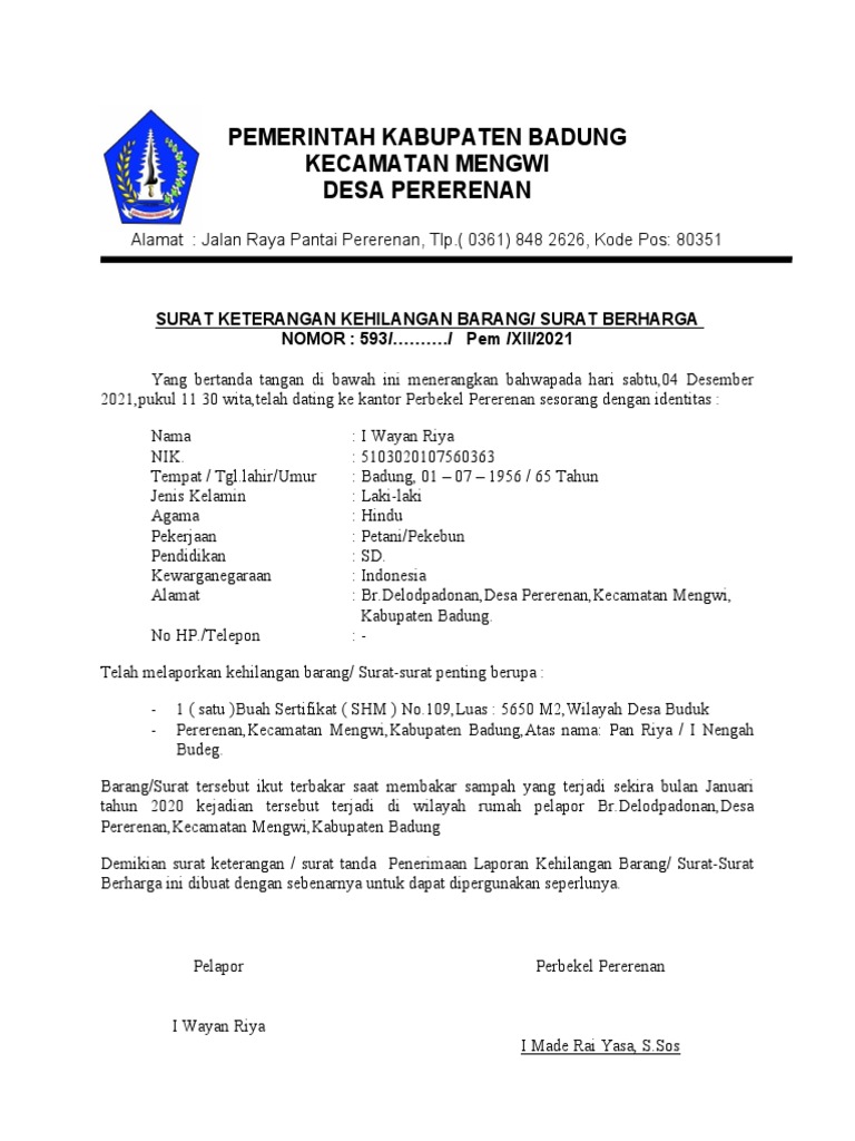 Surat Kehilangan Sertifikat | PDF Surat Kehilangan Sertifikat | PDF