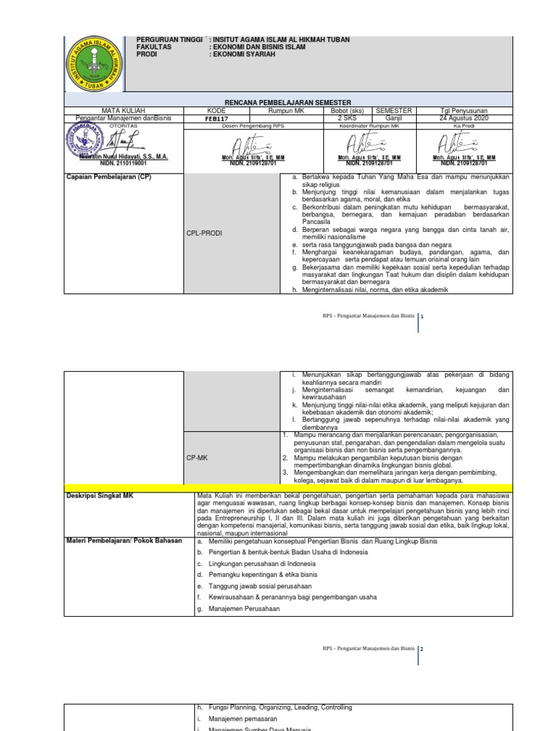 RPS Pengantar Manajemen Dan Bisnis PS | PDF