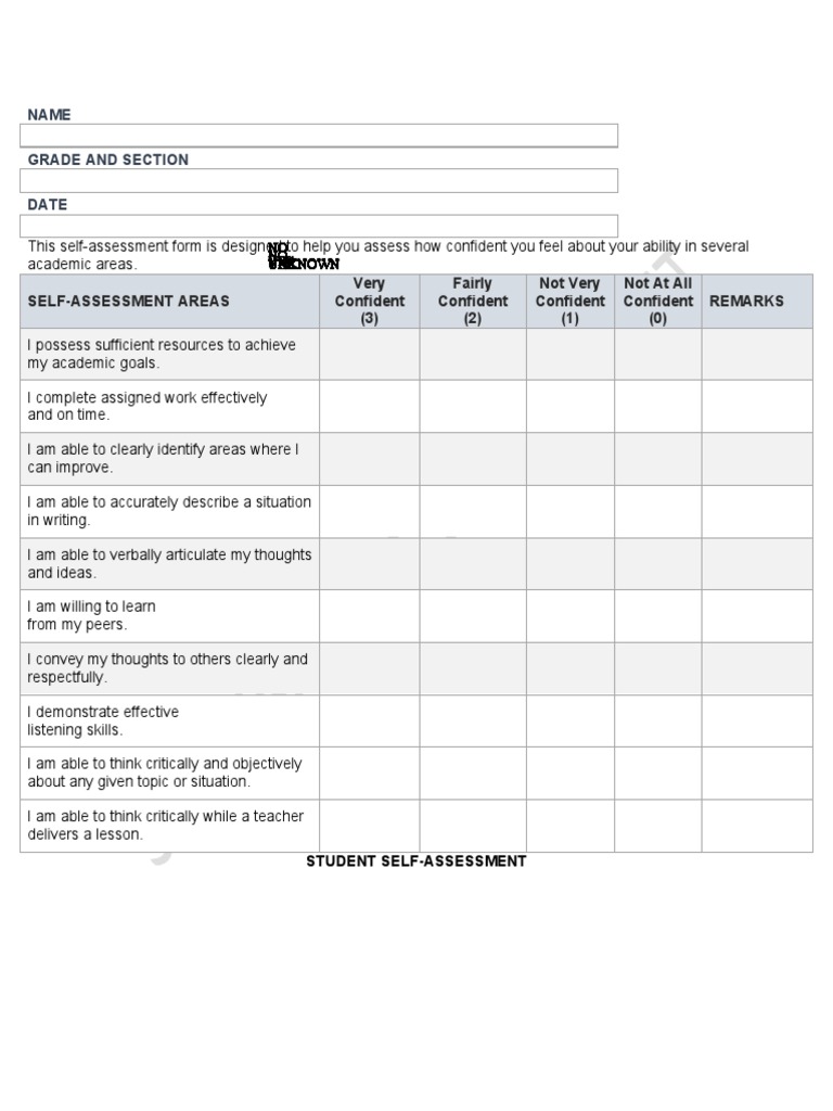 Student Academic Self-Assessment Form | PDF