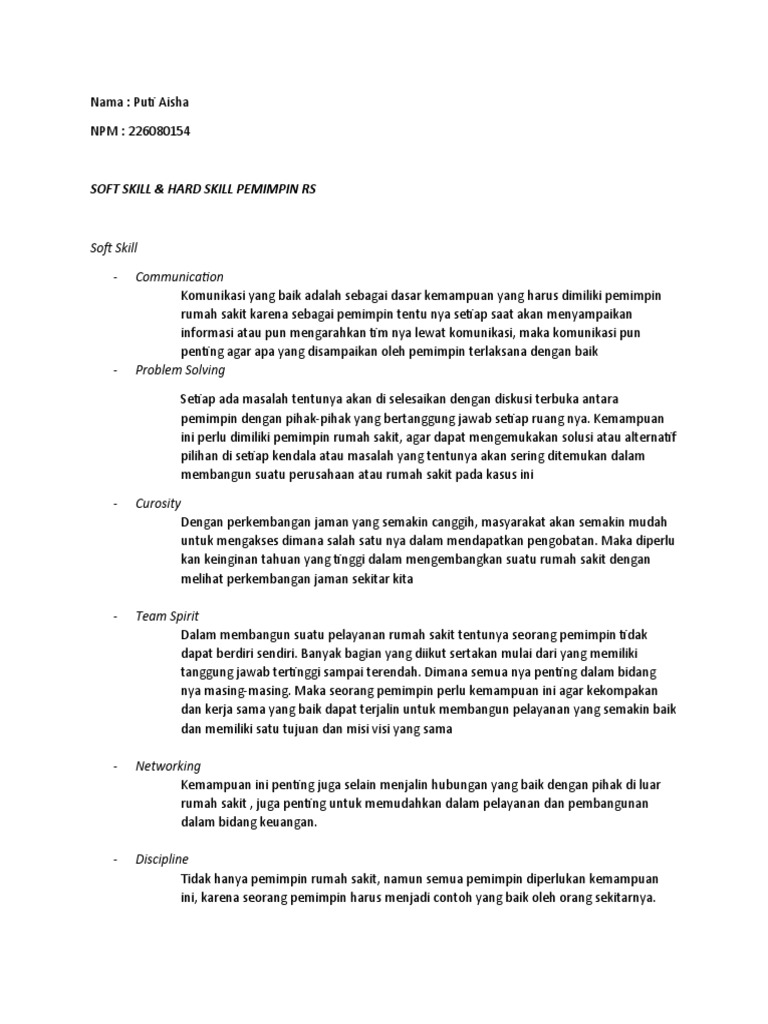 Tugas Hard Skill Soft Skill Oleh Pemimpin Rumah Sakit | PDF | Bisnis ...