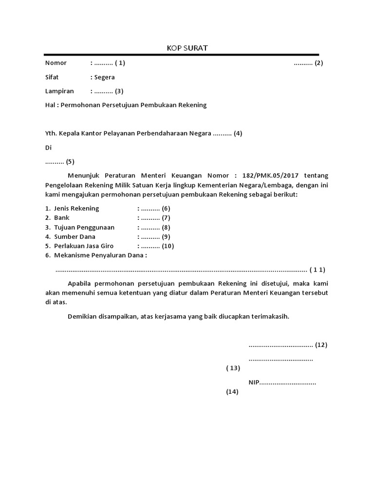 Format Surat Permohonan Persetujuan Pembukaan Rekening PMK 182 2017 | PDF