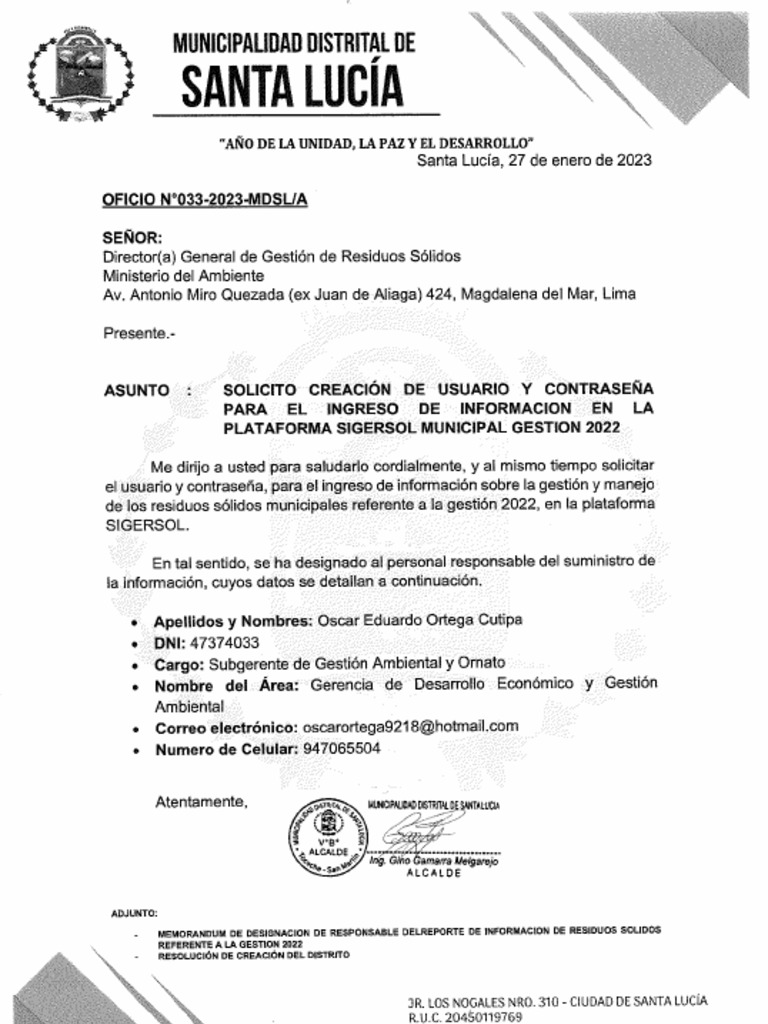 Oficio 033-2023-MDSL - Solicitud de Creacion de Usuario y Clave Sigersol | PDF