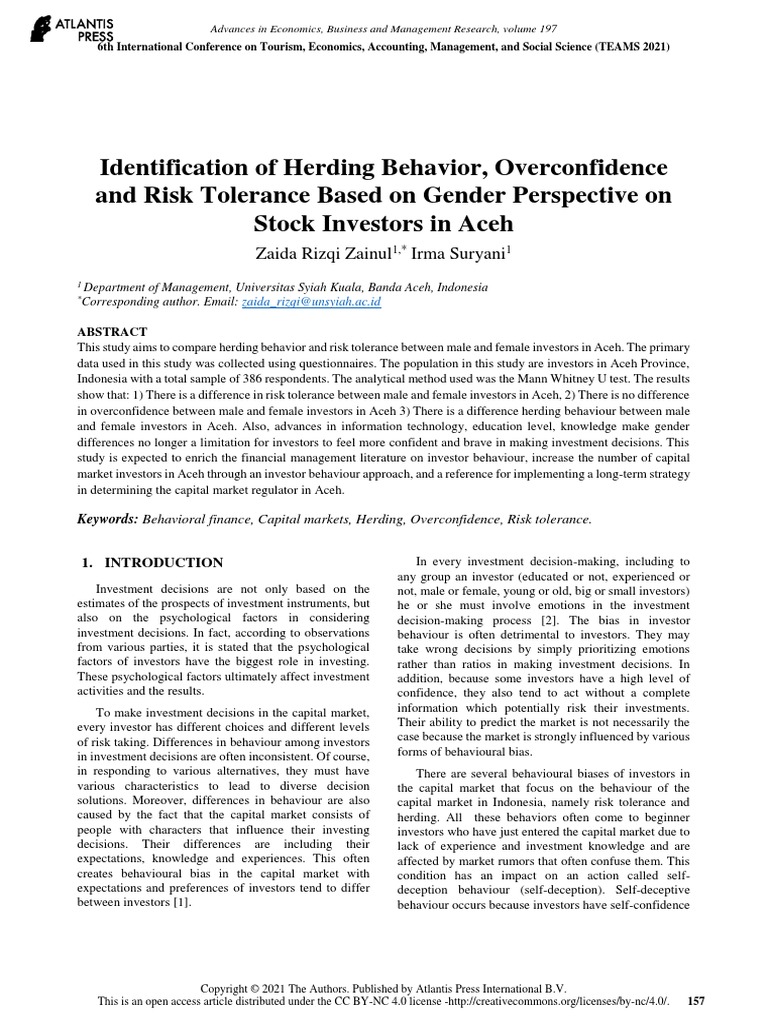 Identification of Herding Behavior, Overconfidence and Risk Tolerance Based On Gender ...