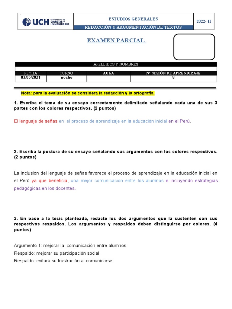 Formato de Examen Parcial 2022-1 | PDF | Prueba (evaluación) | Educación de la primera infancia