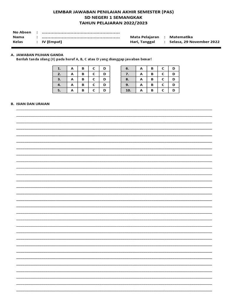 Lembar Jawab Pas Matematika | PDF Lembar Jawab Pas Matematika | PDF