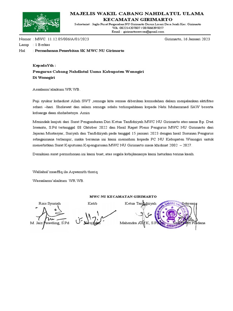 2023-01-15 Mwc-Permohonan SK MWC | PDF