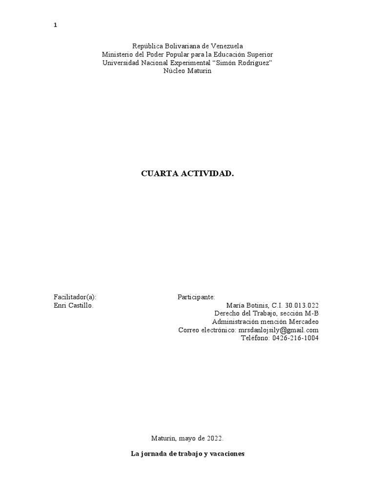 Cuarta Actividad de Derecho Del Trabajo, Sección Mb. María Botinis (C.i. 30.013.022) | PDF ...